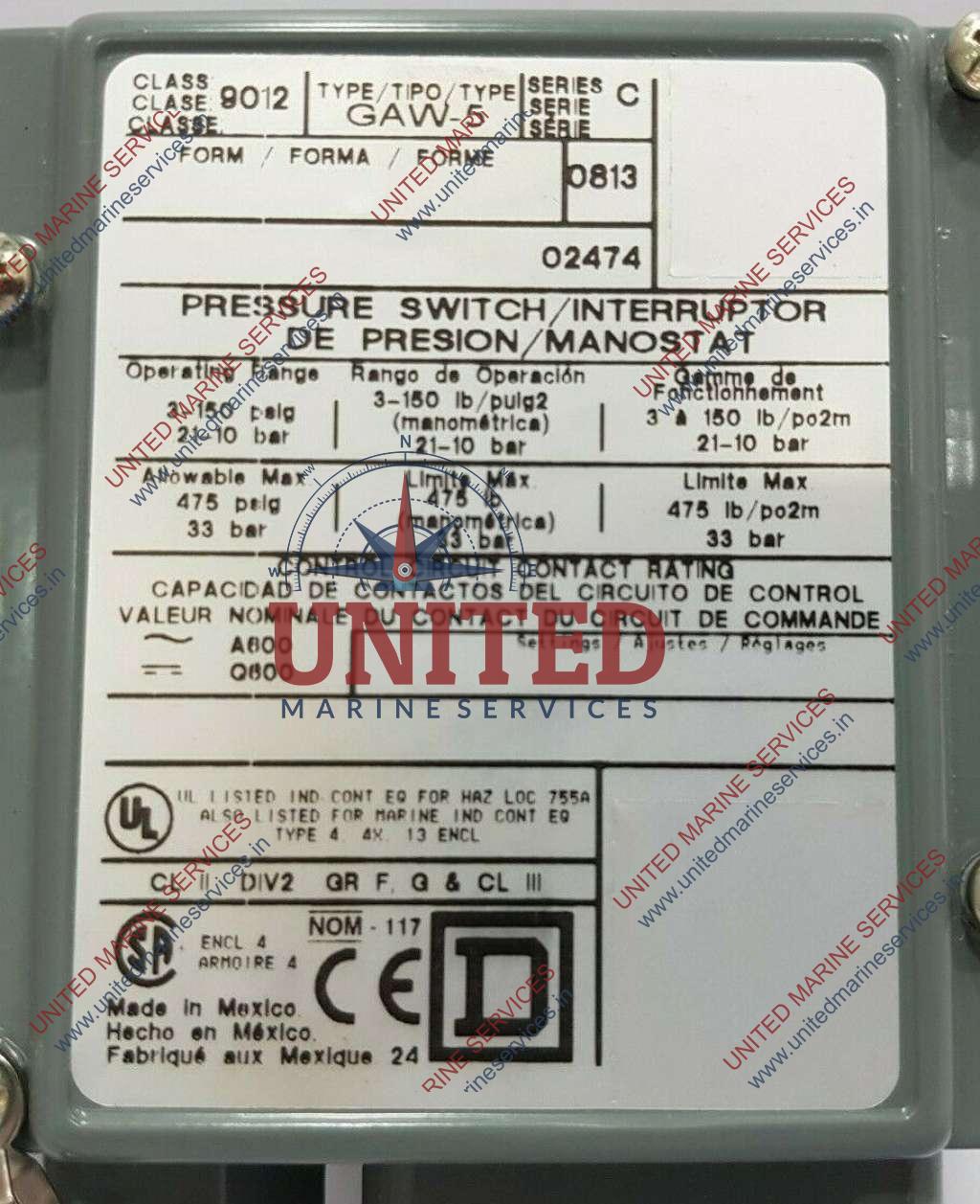 SQUARE D 9012 GAW-5 PRESSURE SWITCH INTERRUPTOR 3 TO 150 PSI GAW5 ...