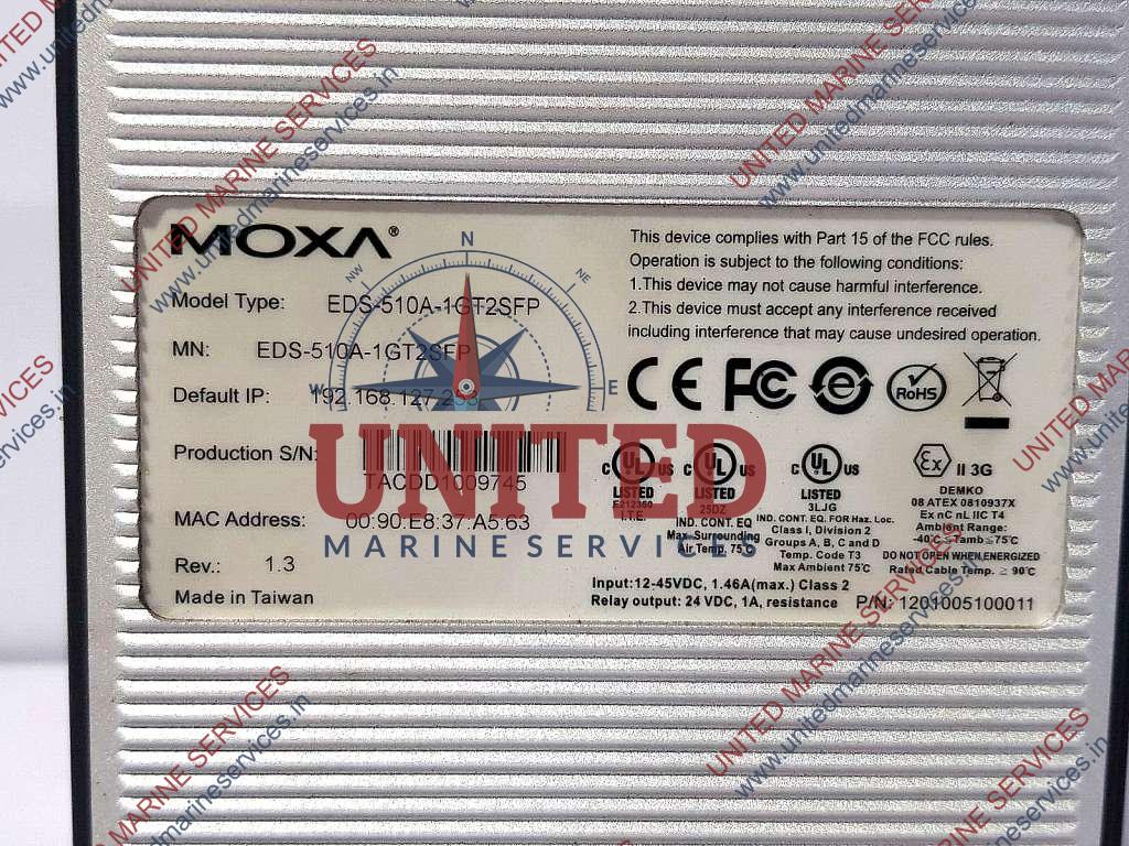 MOXA ETHERDEVICE SWITCH EDS-510A-1GT2SFP 1201005100011 REV 1.3 | United Marine Services